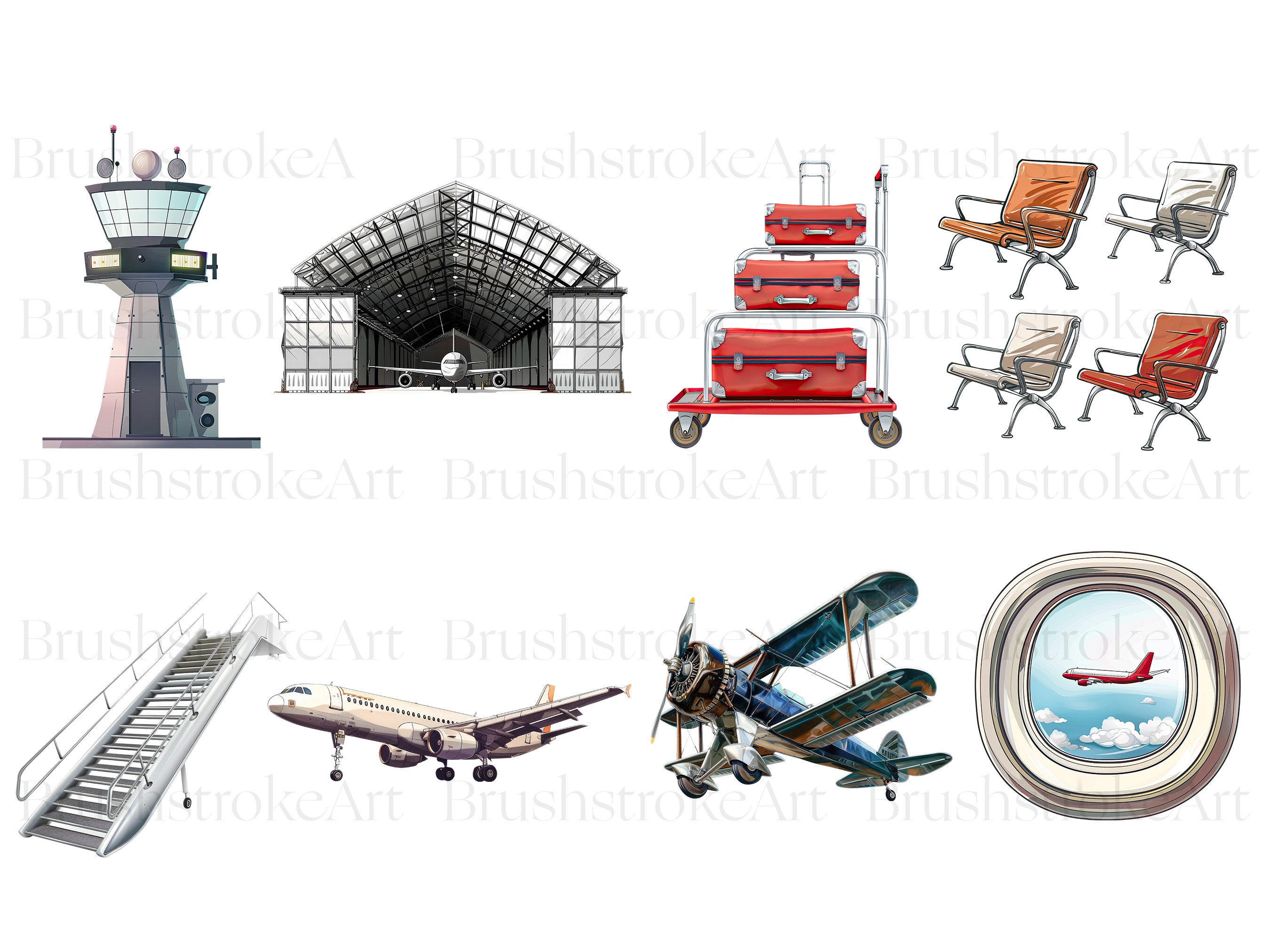 Watercolor Airport Clipart, Pilot, Plane, Aero Plane, Airport Luggage ...
