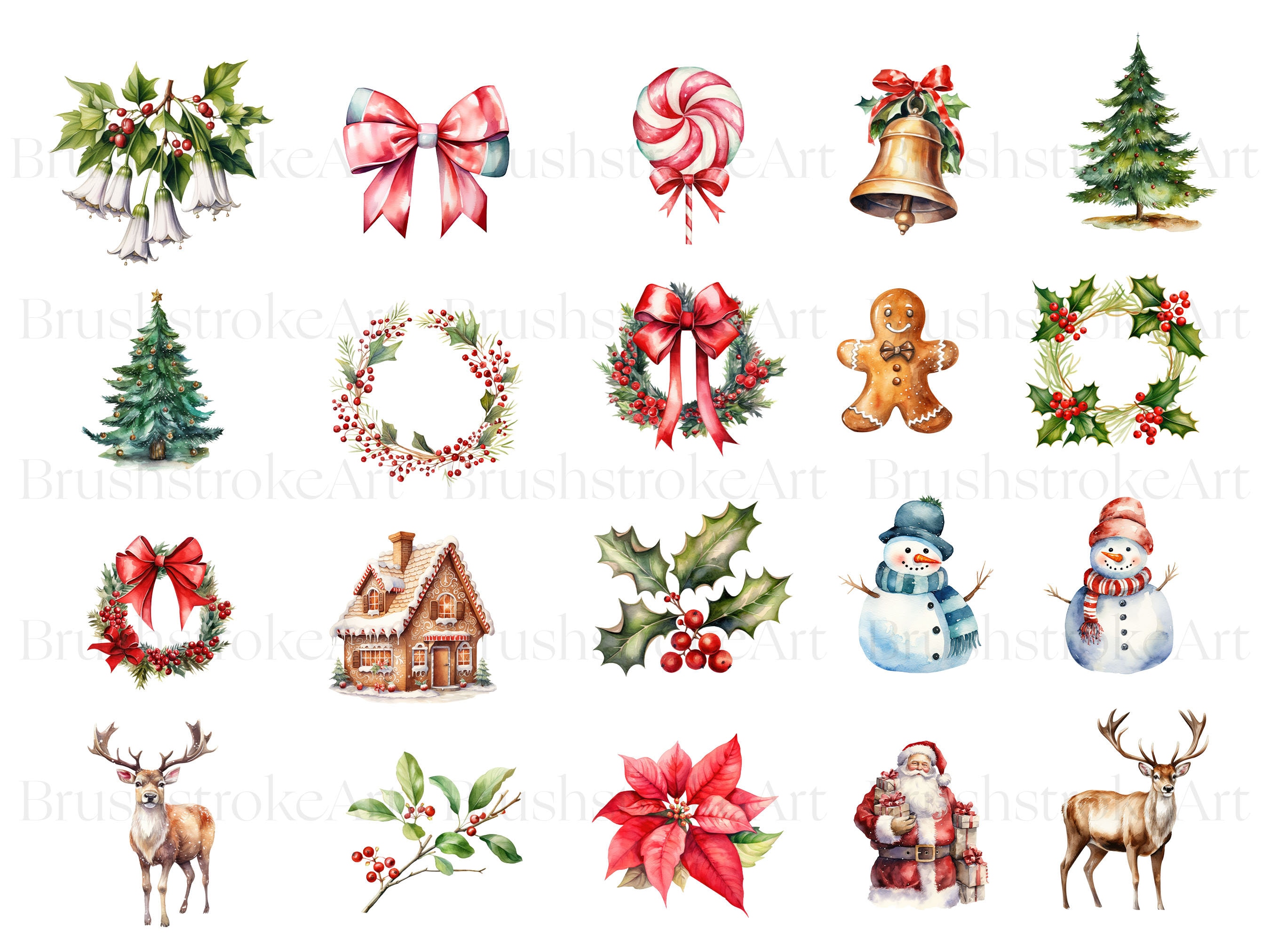 Watercolor Christmas Clipart, Christmas Tree, Santa, Reindeer, Snowman ...