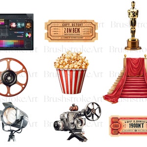 Watercolor Cinema Clipart, Theatre, Ticket, Popcorn, Camera PNG, Film ...
