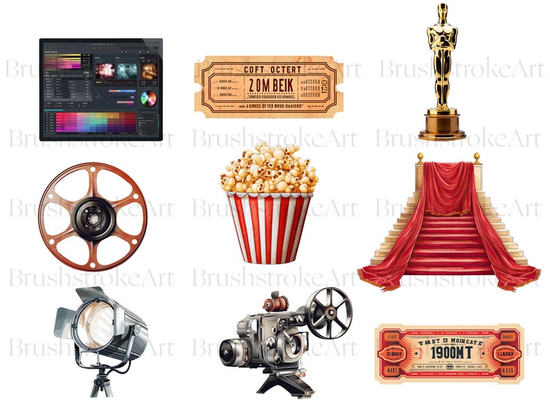Watercolor Cinema Clipart, Theatre, Ticket, Popcorn, Camera PNG, Film ...