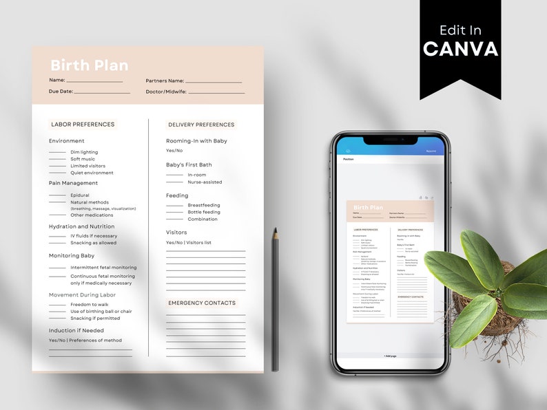 Printable Birth Plan Template, C Section, Labor Preferences, Editable ...