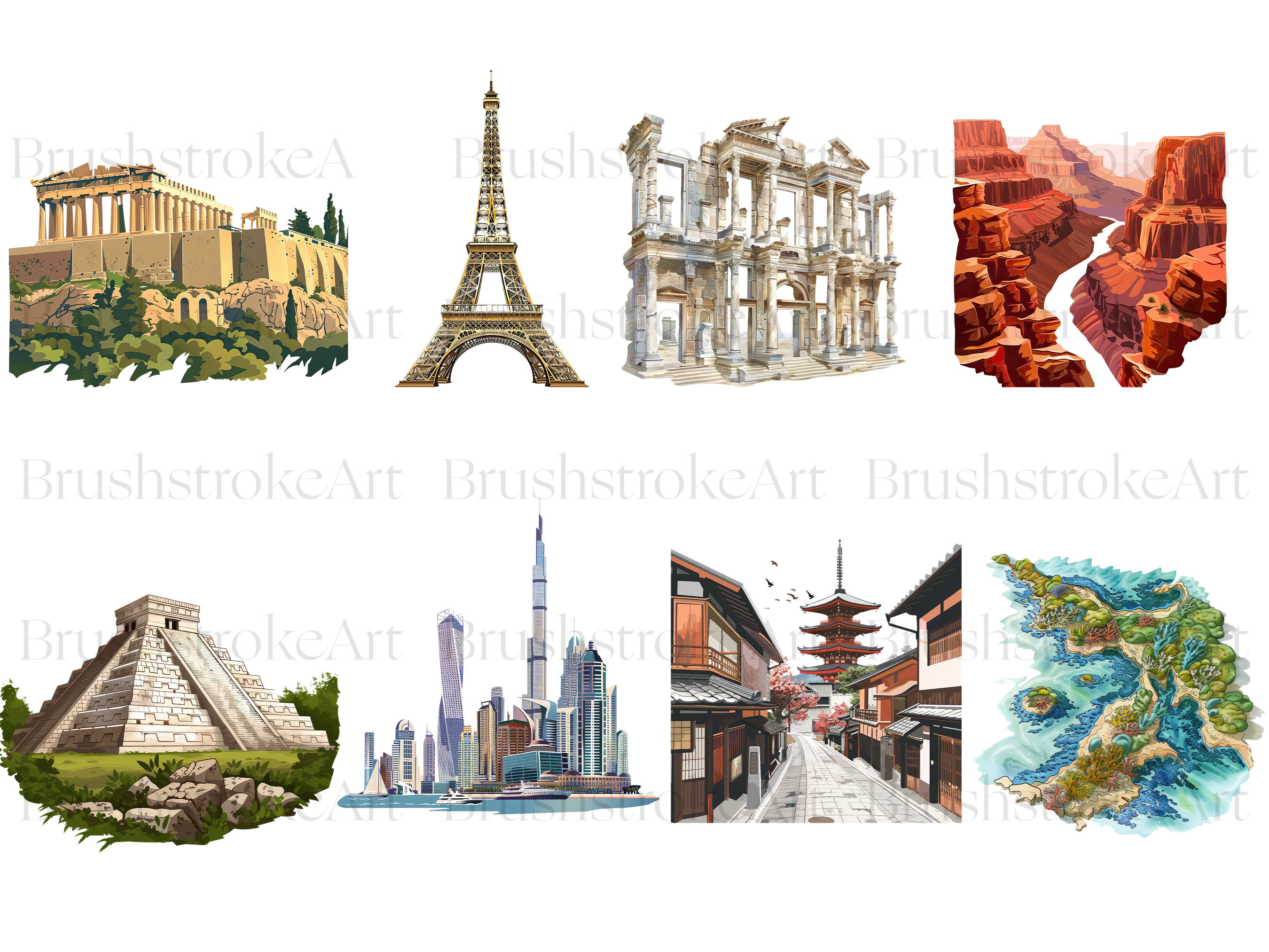 World Landmarks Clipart, Watercolor Landmarks PNG, Eiffel Tower, Mount ...