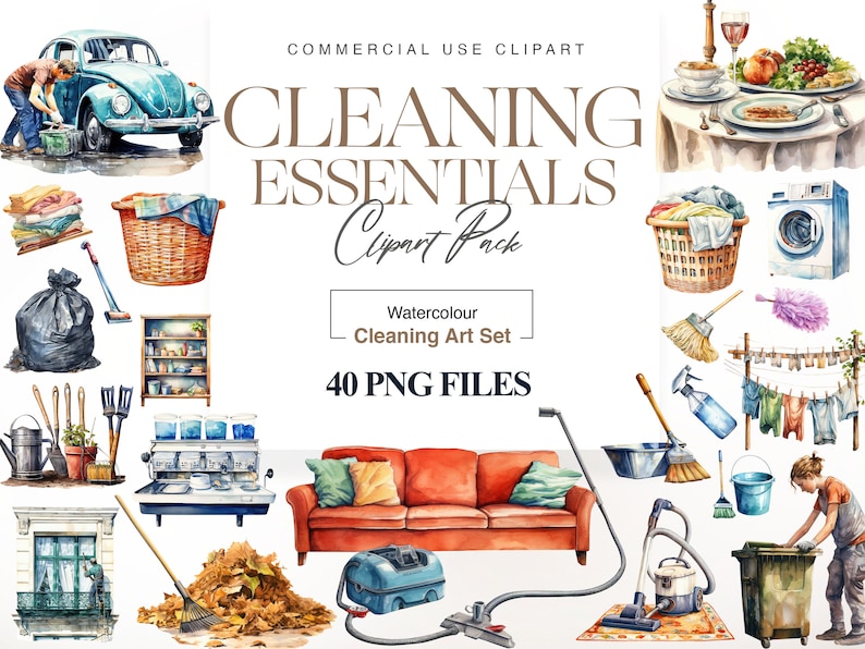 Watercolor Cleaning Clipart, House Chores, Laundry, Sponge, Bucket ...