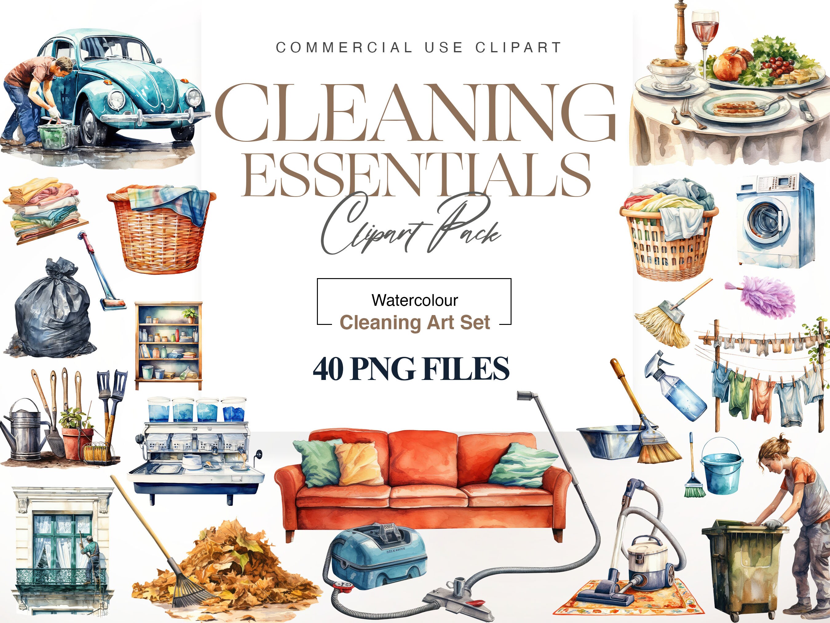 Watercolor Cleaning Clipart House Chores Laundry Sponge Bucket Brush Png Spring Cleaning