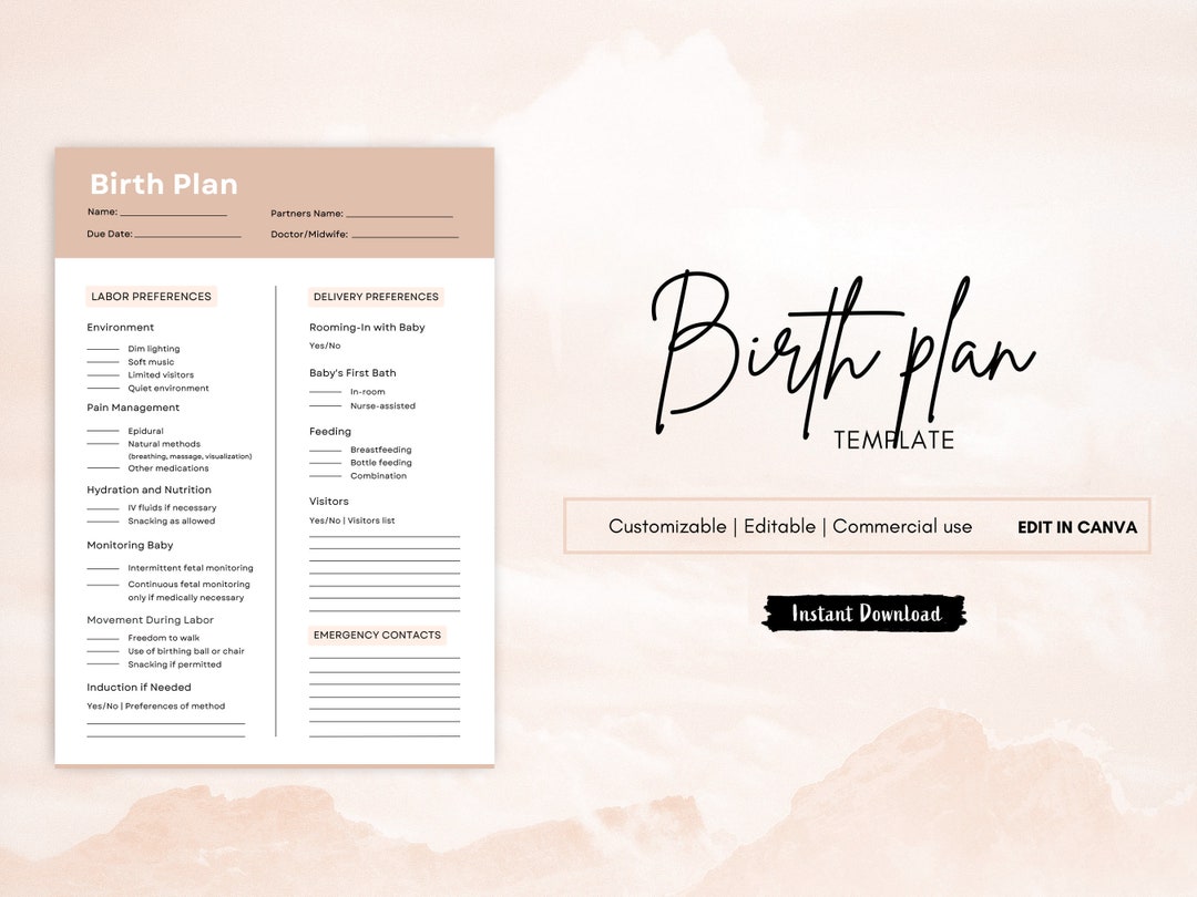 Printable Birth Plan Template, C Section, Labor Preferences, Editable ...
