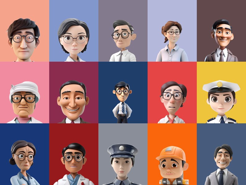 3D Characters Clipart Pack- 75 Japanese Faces PNG Files for Design ...