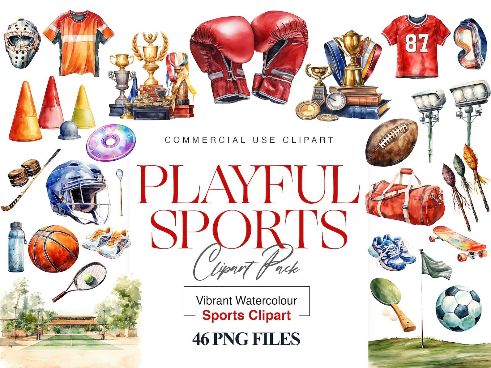 Watercolor Sports Clipart, Basketball, Hockey, Baseball, Golf, Soccer ...