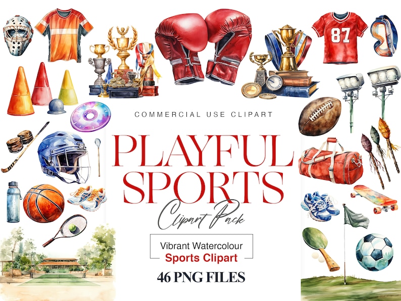 Watercolor Sports Clipart, Basketball, Hockey, Baseball, Golf, Soccer ...