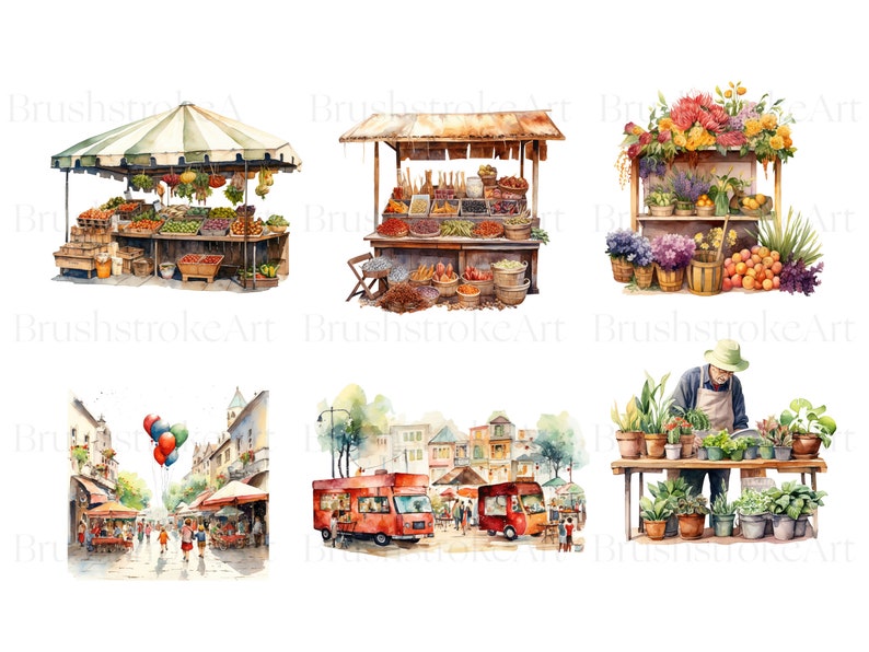 Watercolor Market Clipart, Farmers Market, Fish Market, Fruits Basket ...