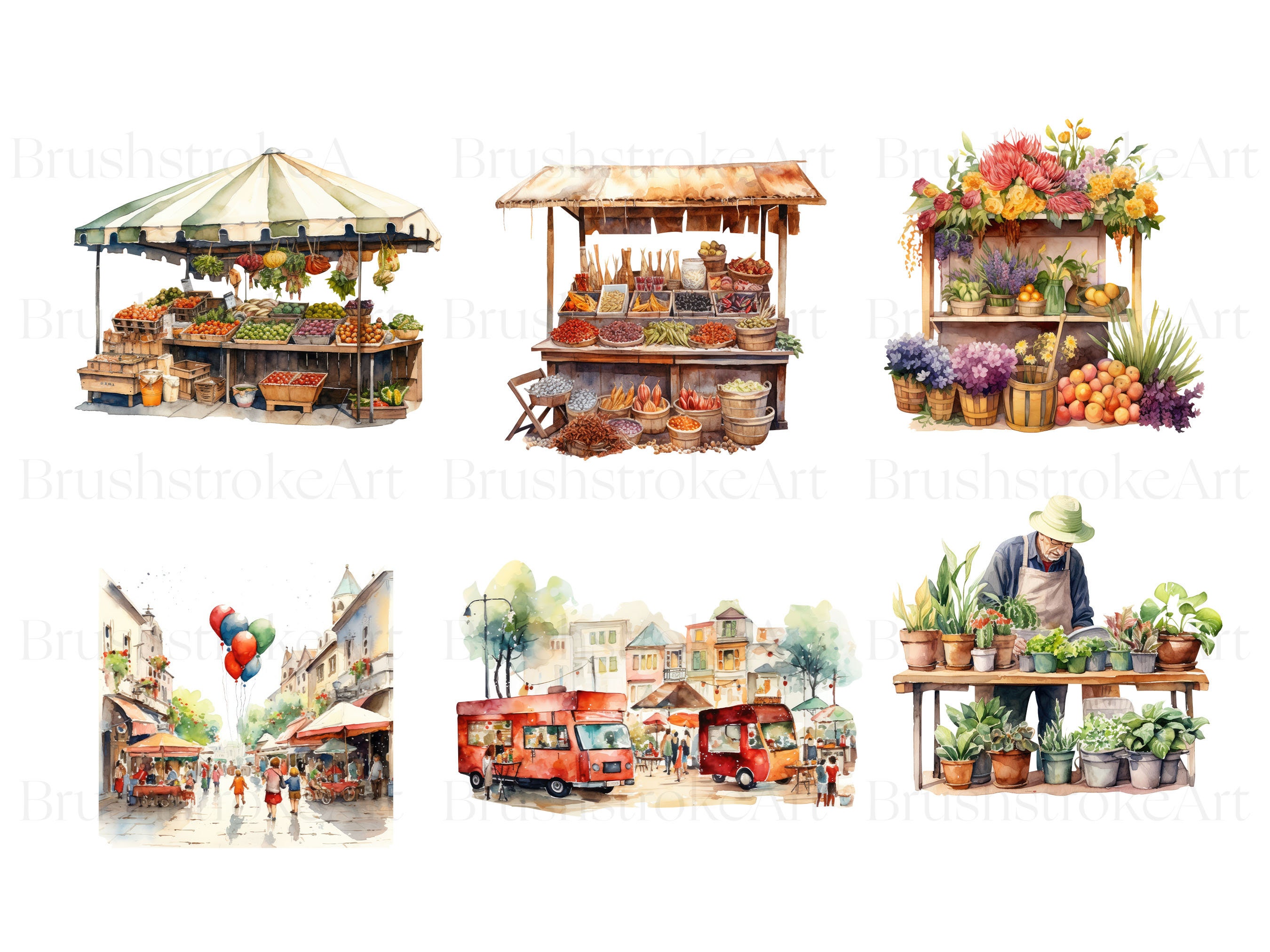 Watercolor Market Clipart, Farmers Market, Fish Market, Fruits Basket ...