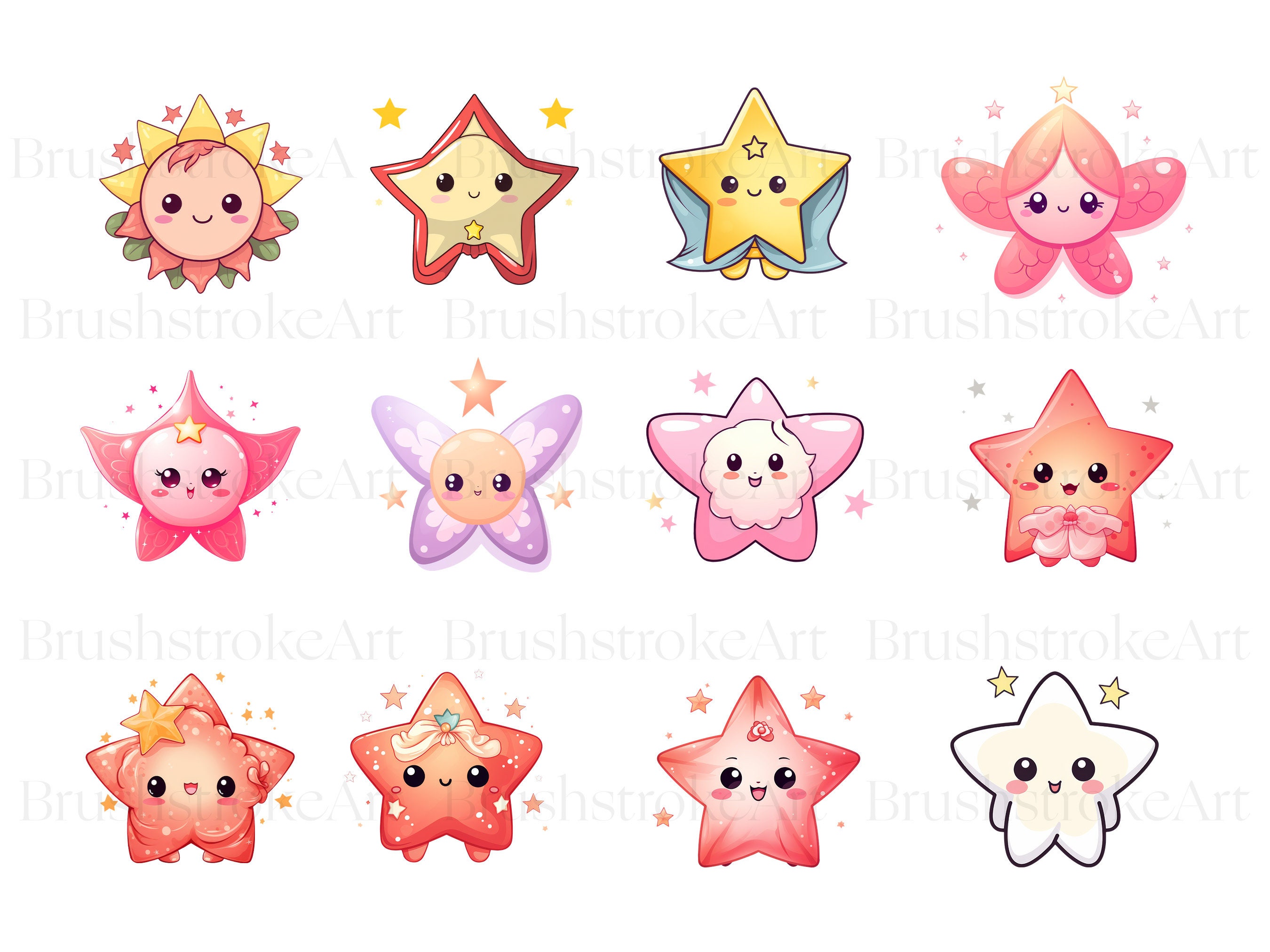 Kawaii Stars Clipart, Smiley Star, Kawaii Stickers, Baby Stars, Rainbow ...