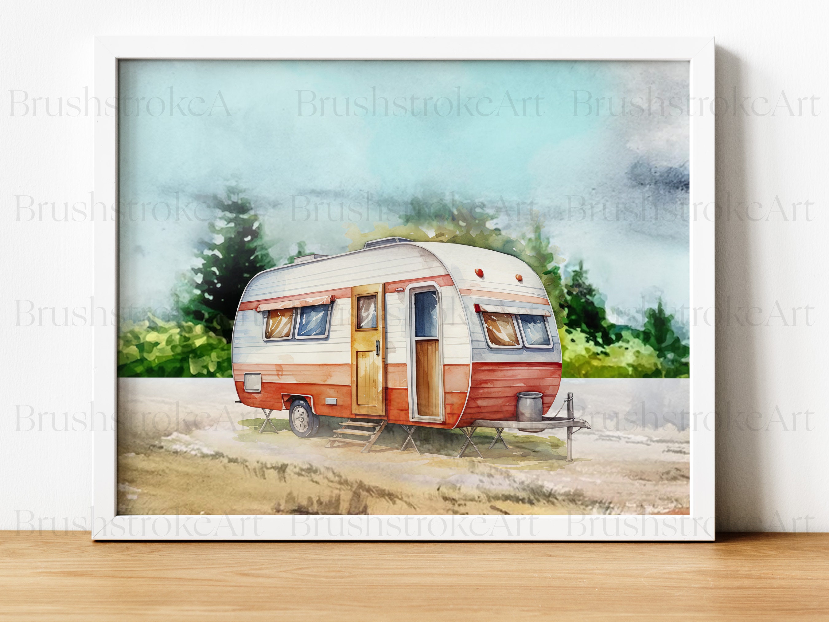 Watercolor Caravan Clipart, Camper Van, Vintage Vehicle, Camping ...