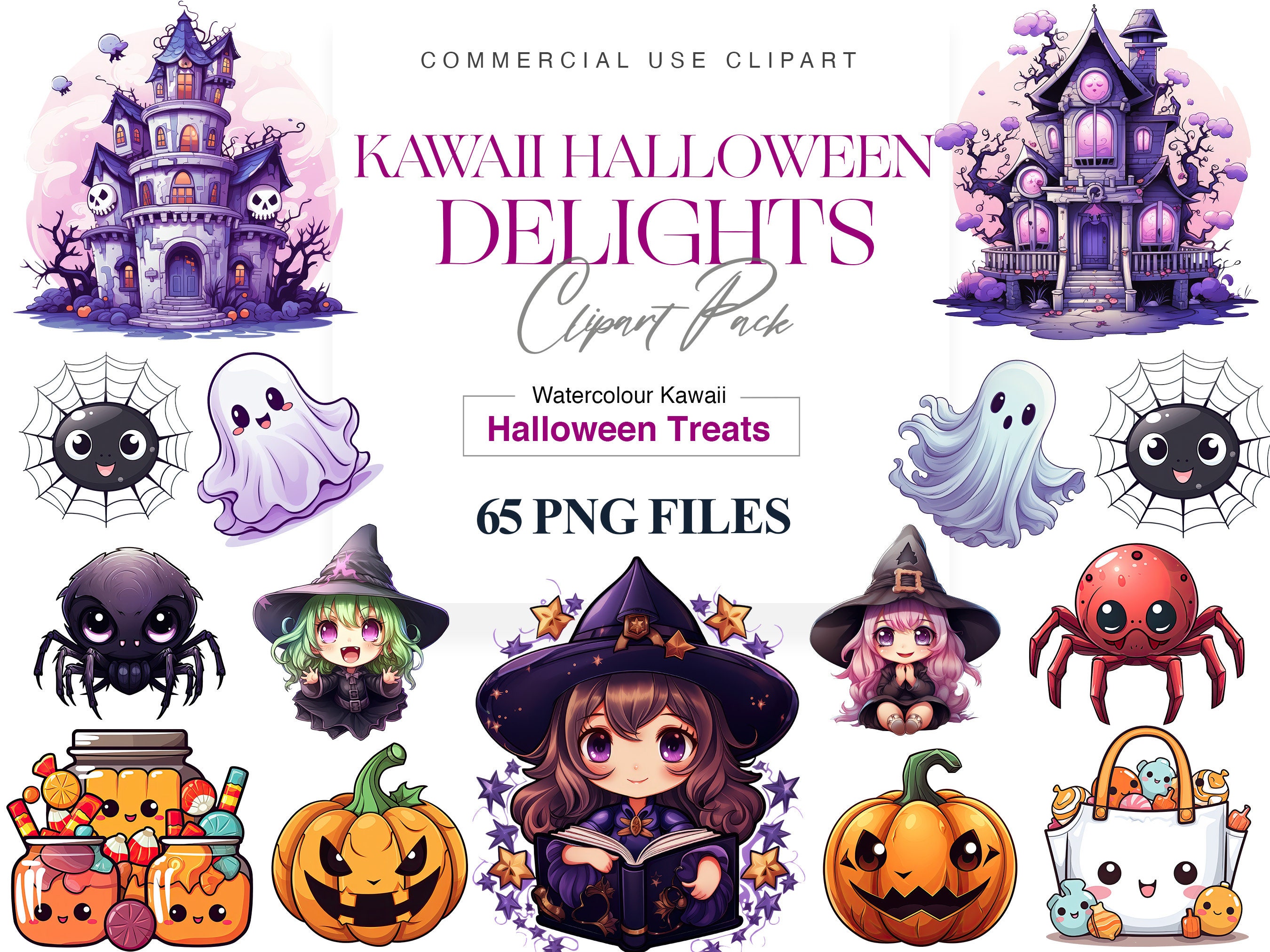Kawaii Watercolor Halloween Clipart, Cute Ghost, Zombie, Jack-o-lantern ...