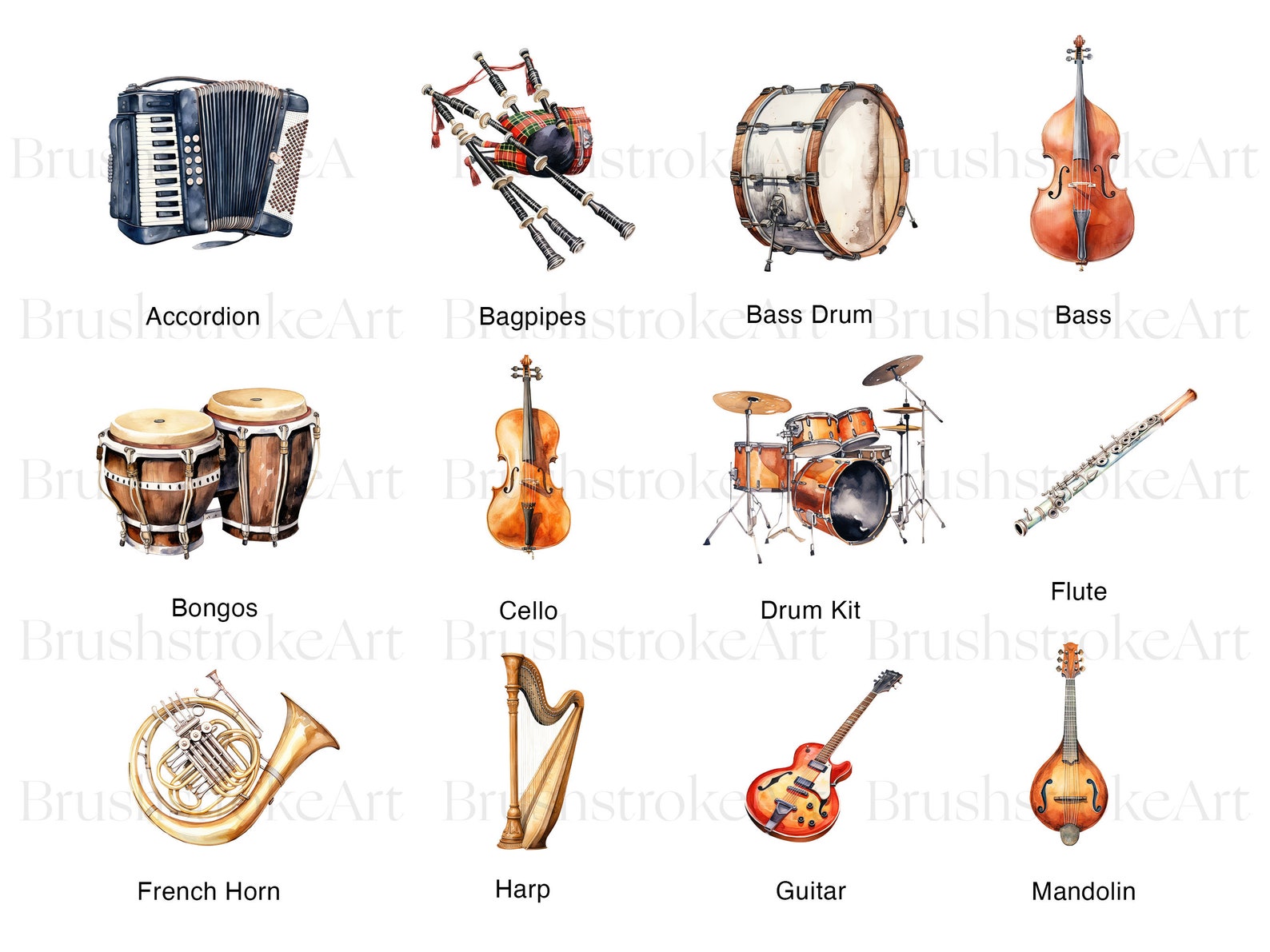 Watercolor Music Clipart, Musical Instruments, Piano, Guitar, Violin ...