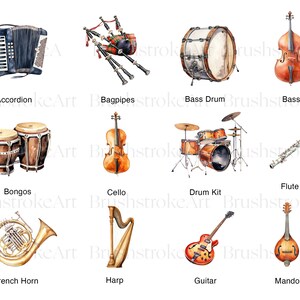 Watercolor Music Clipart, Musical Instruments, Piano, Guitar, Violin ...