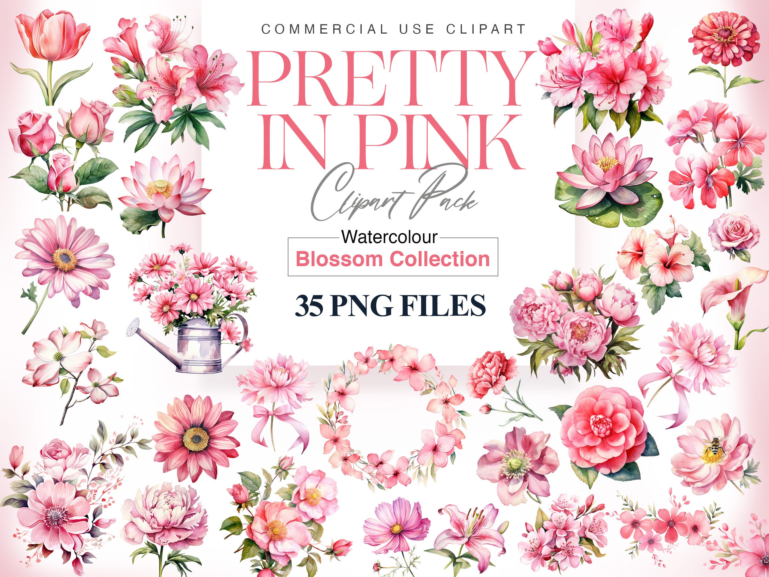 Pink Flower Clipart Pack: Watercolor Floral PNG Images for - Etsy