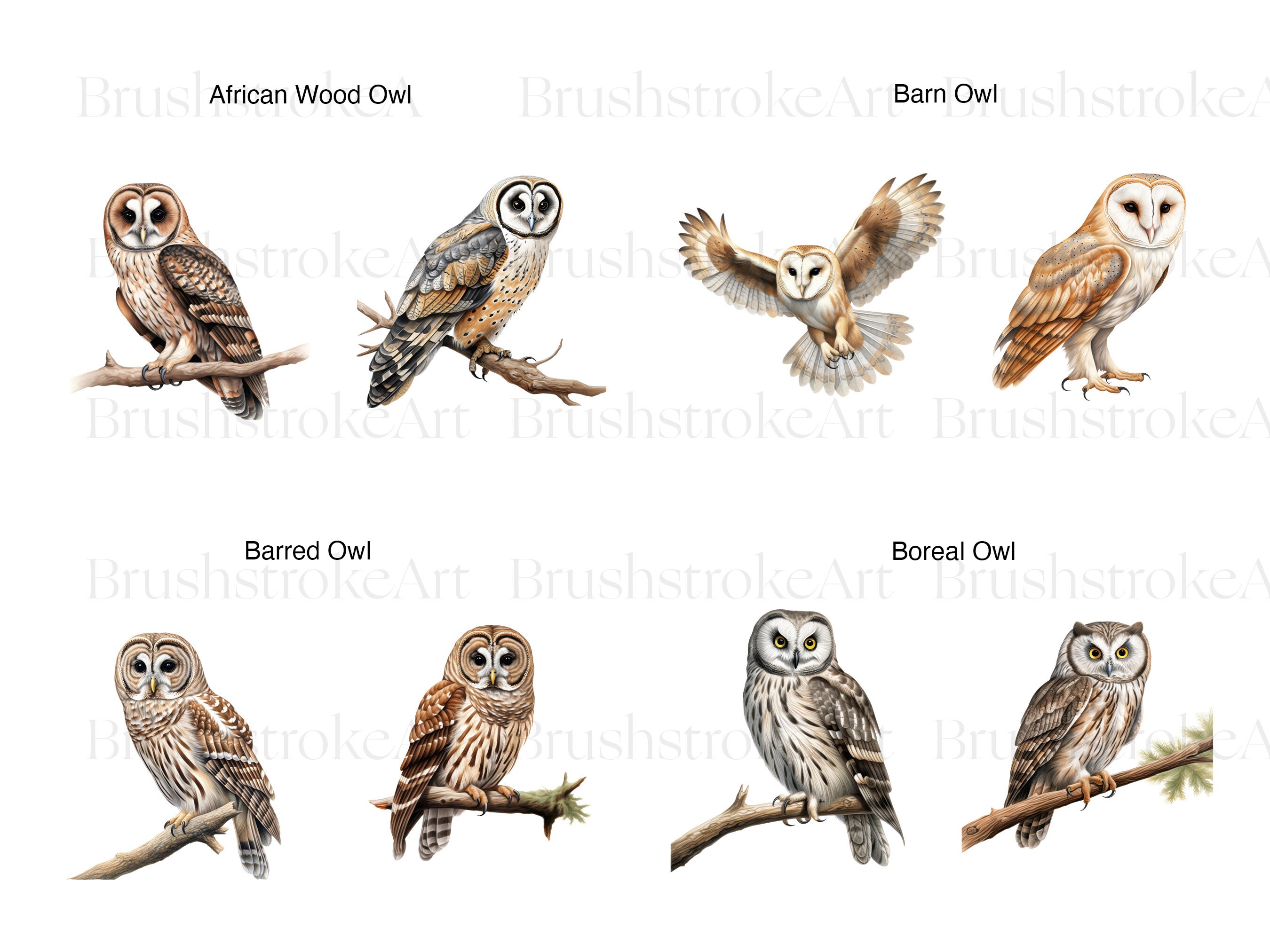 Owl Illustration Clipart, Barn Owl, Type of Owls, Cute Owl Species Art ...
