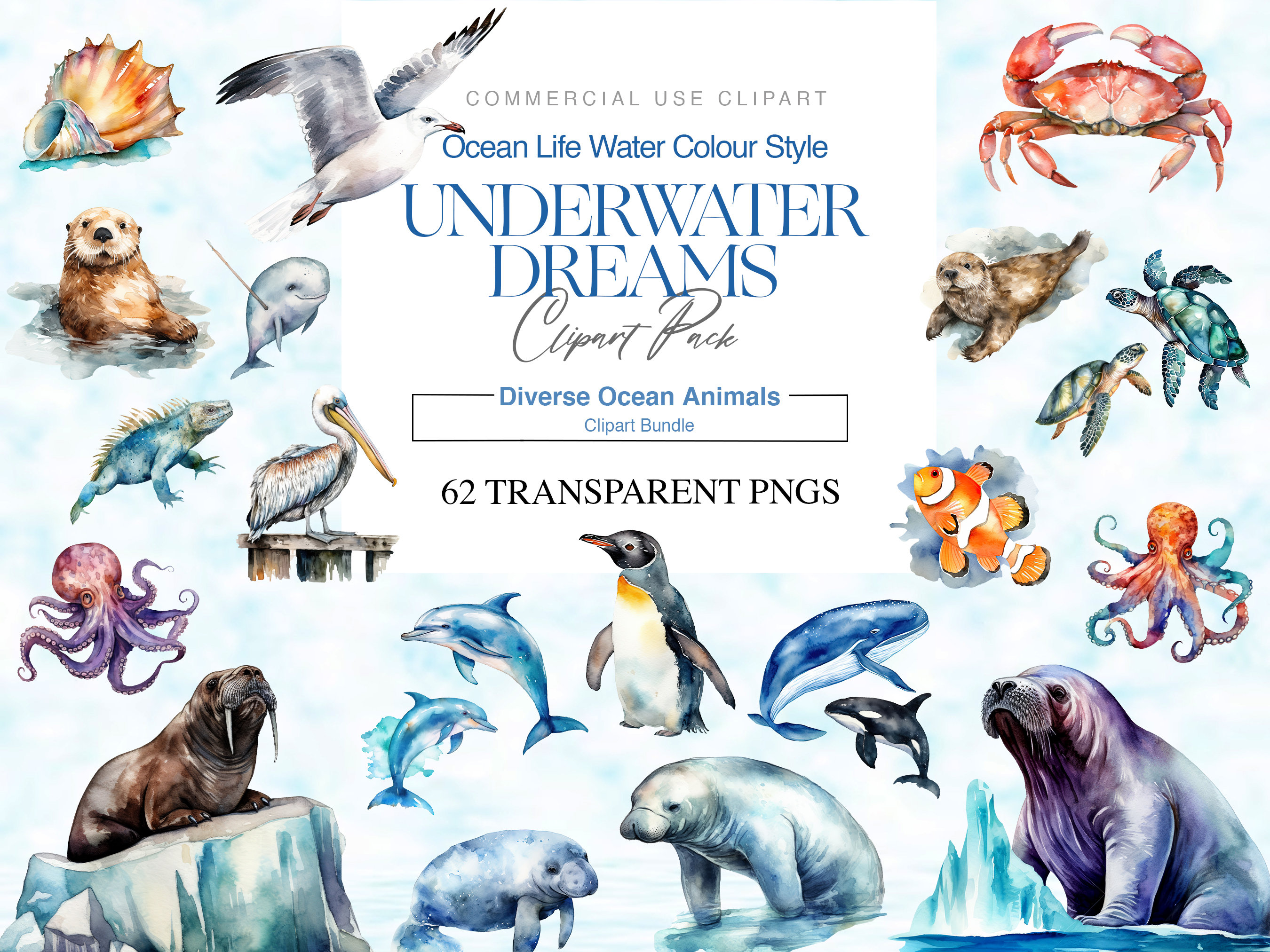 Underwater Animals Clipart Pack Cute Sea Animal, Shark, Turtle PNG ...