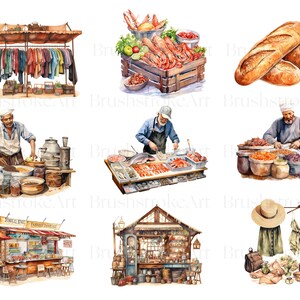 Watercolor Market Clipart, Farmers Market, Fish Market, Fruits Basket ...