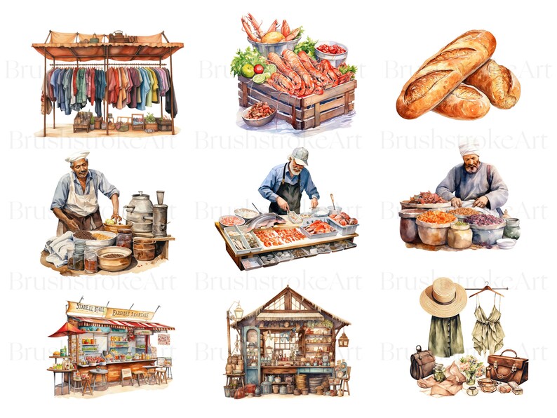 Watercolor Market Clipart, Farmers Market, Fish Market, Fruits Basket ...