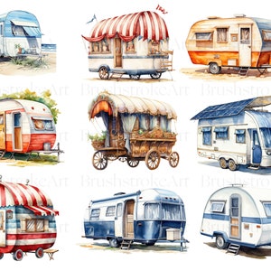 Watercolor Caravan Clipart, Camper Van, Vintage Vehicle, Camping ...