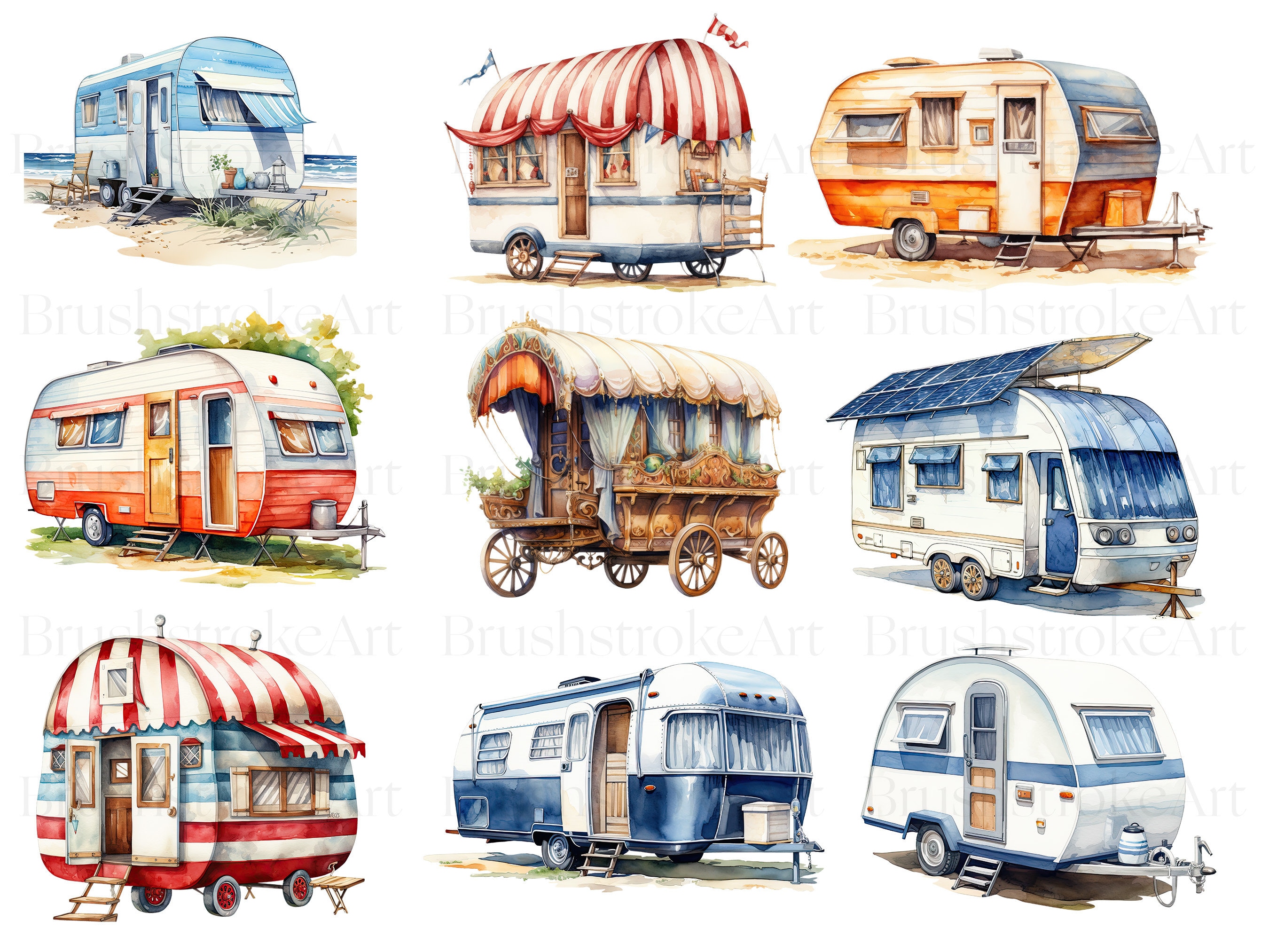 Watercolor Caravan Clipart, Camper Van, Vintage Vehicle, Camping ...