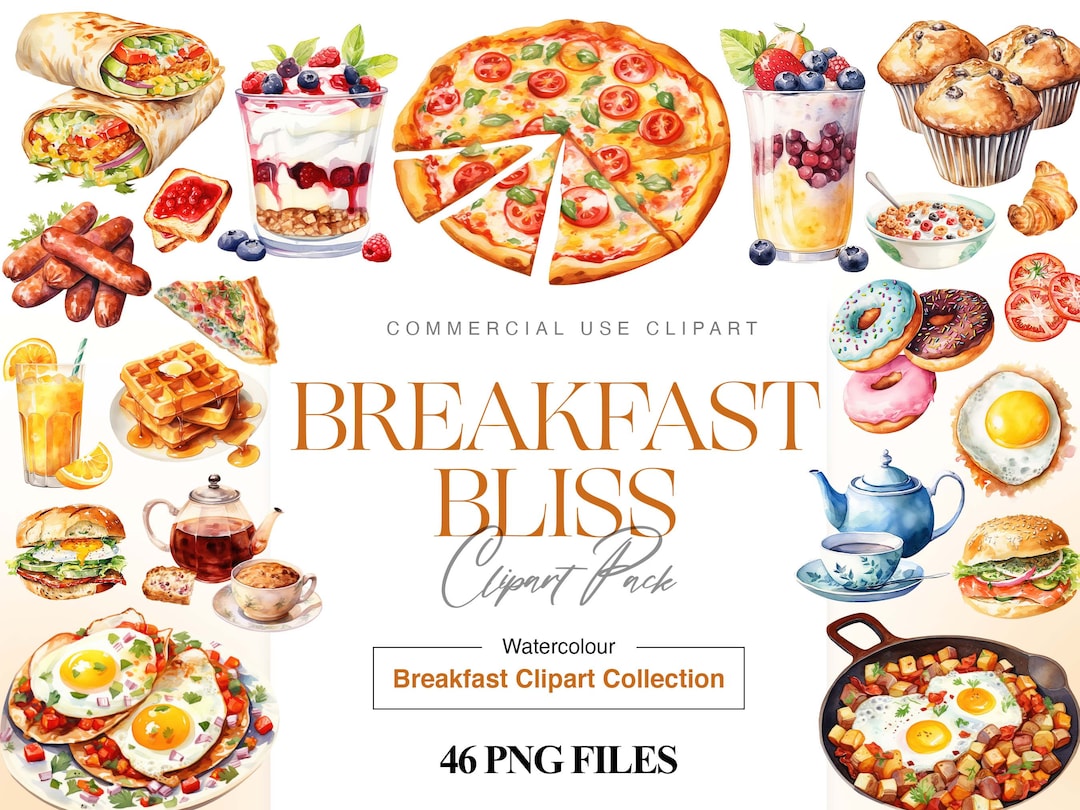 Watercolor Breakfast Clipart, Coffee and Tea, Waffle, Banana, Eggs and ...