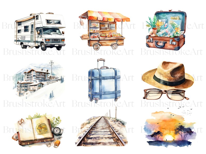 Watercolor Travel Clipart, Summer Travel, Road Trip Clipart, Vacation ...