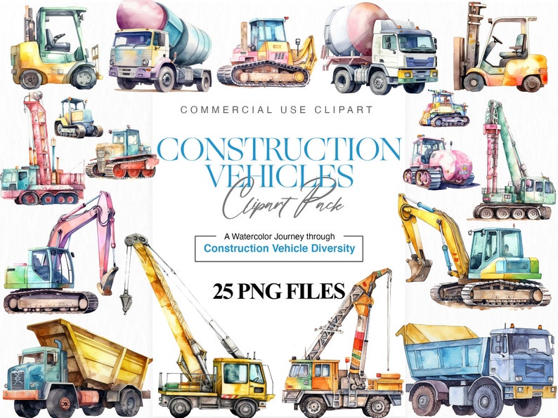 Construction Vehicles Clipart Pack in Pastel Colours - Etsy