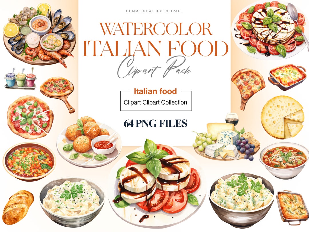 Watercolor Italian Food Clipart, Pizza PNG, Spaghetti Clipart, Italian ...