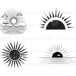 Line Art Sun Silhouette, Boho Sun Symbol, Sunset PNG, Sun Rays, Half ...