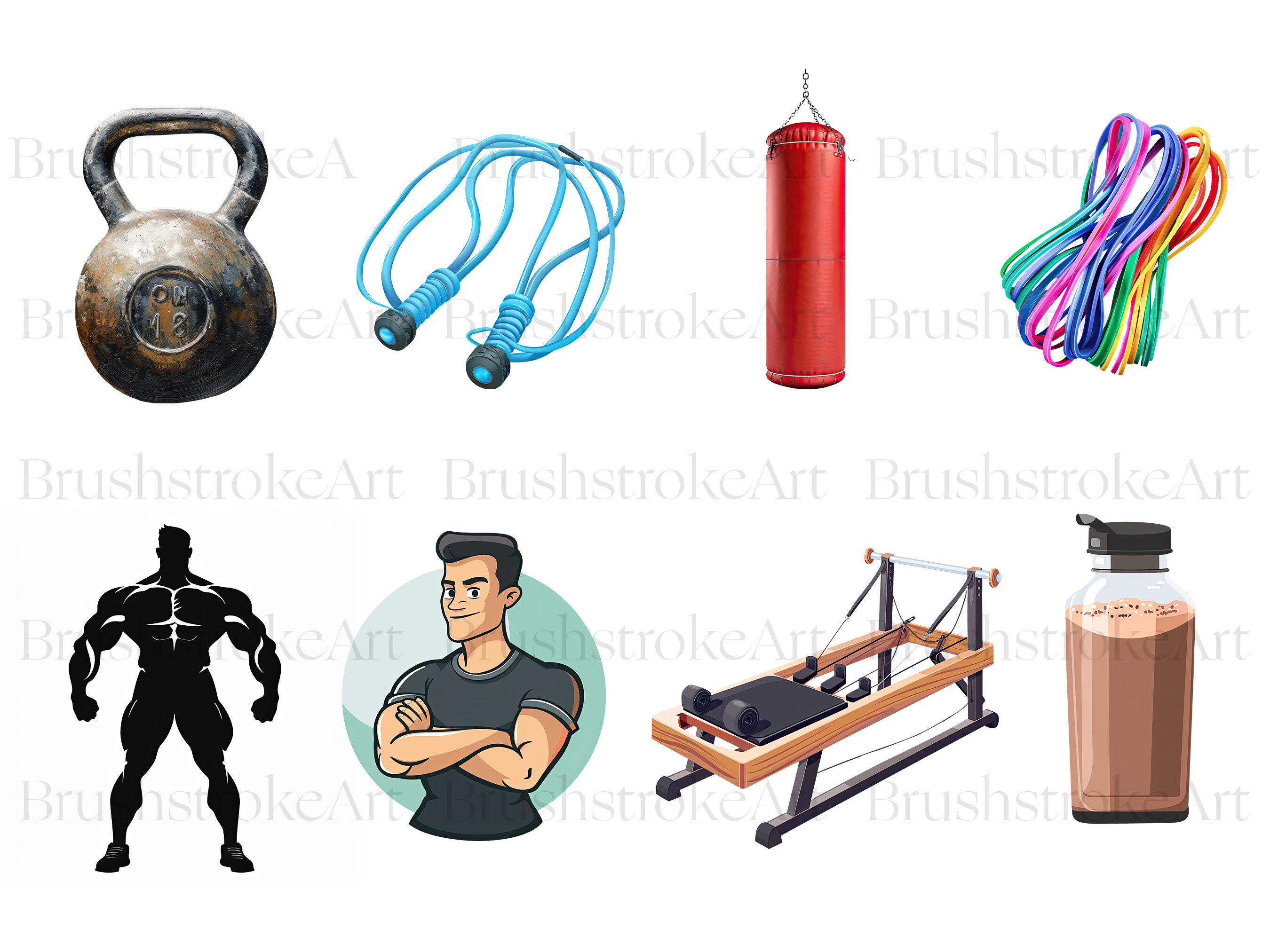 Watercolor Fitness Clipart, Bodybuilder, Fitness Girl, Dumbbells ...