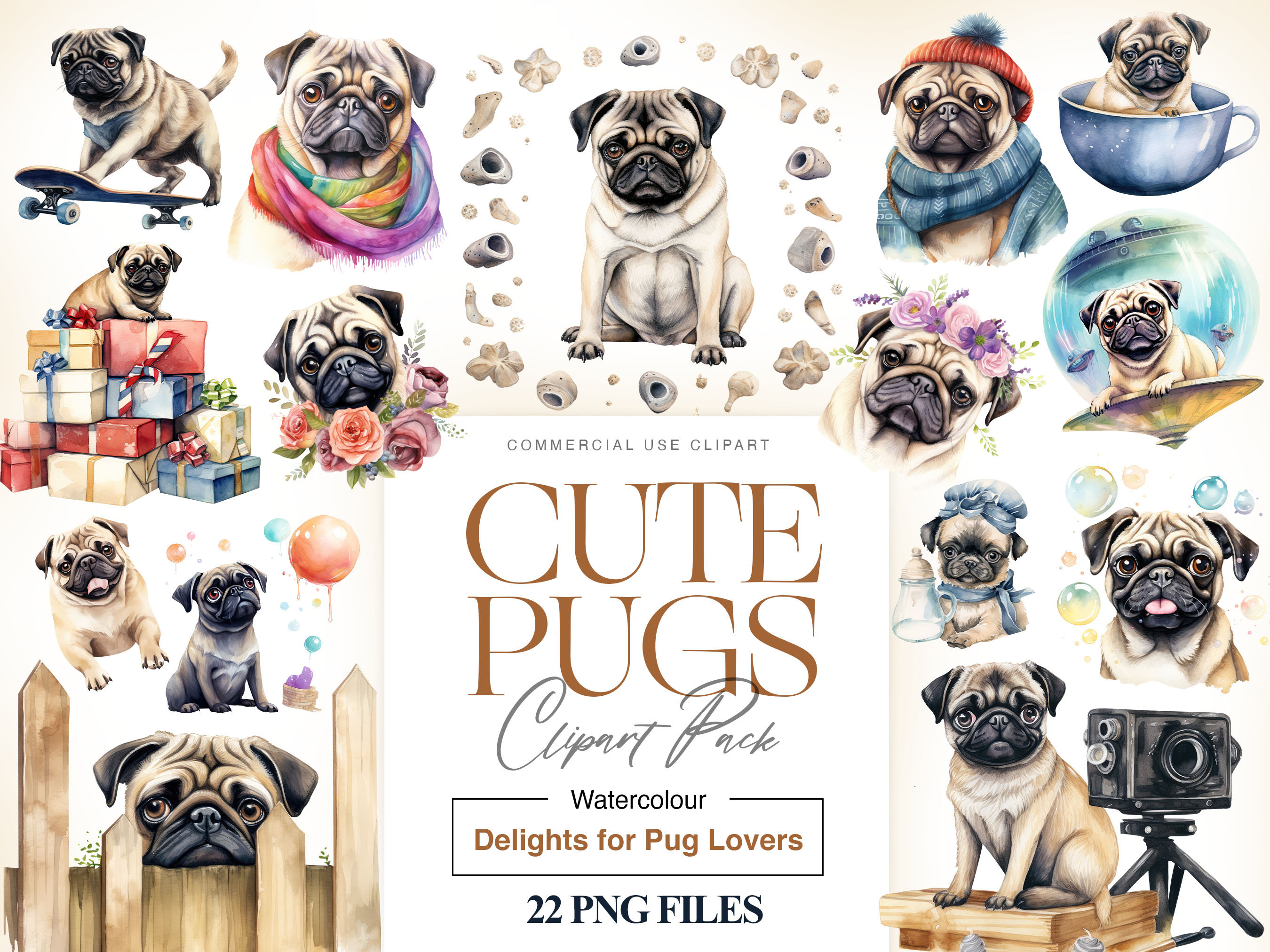 Watercolor Pug Clipart, Black Pug Puppy, Floral Dog, Kawaii Pug Chubby ...