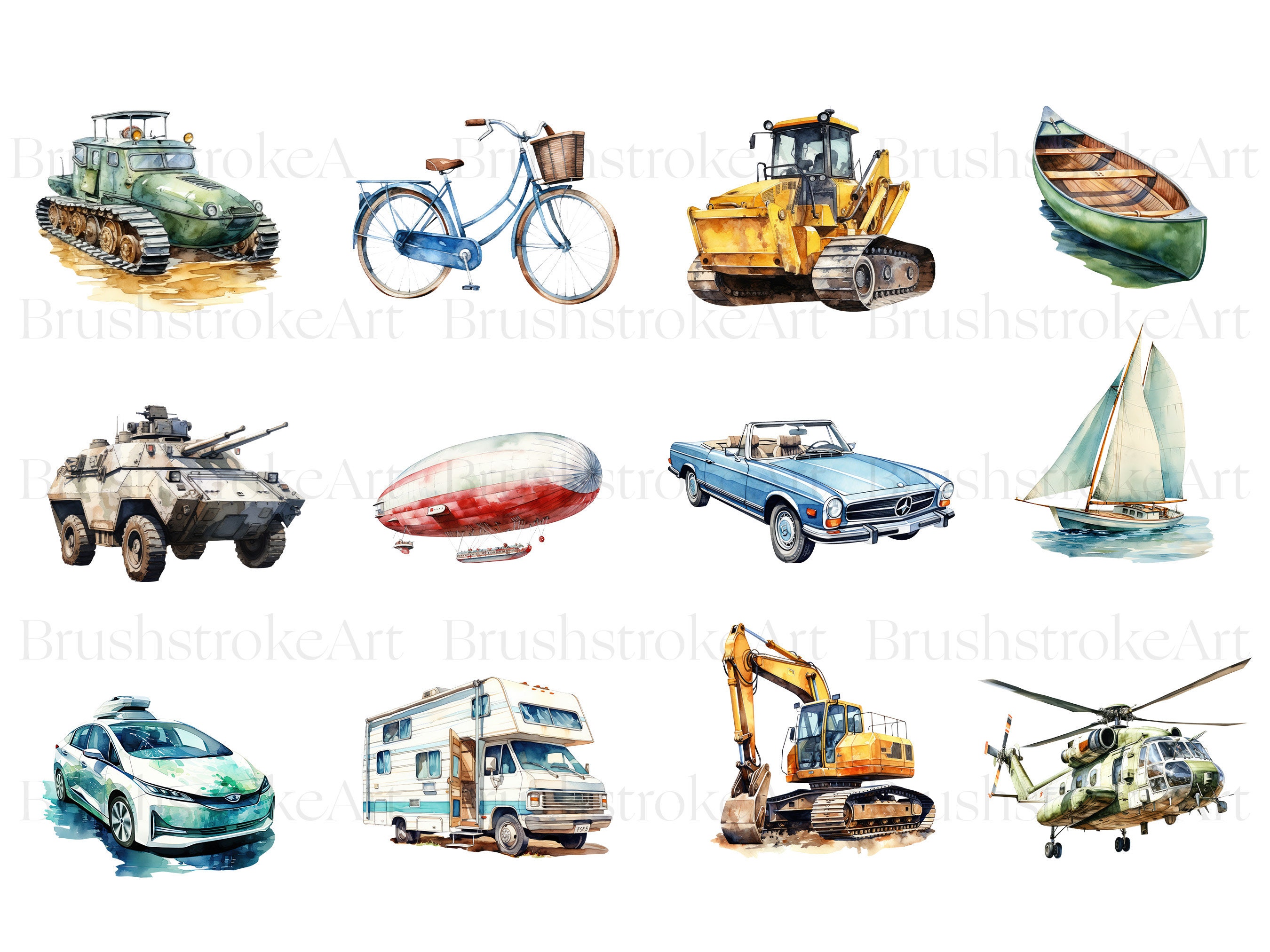 Watercolor Vehicle Clipart, Transportation A-Z, Truck, Airplane, Car ...