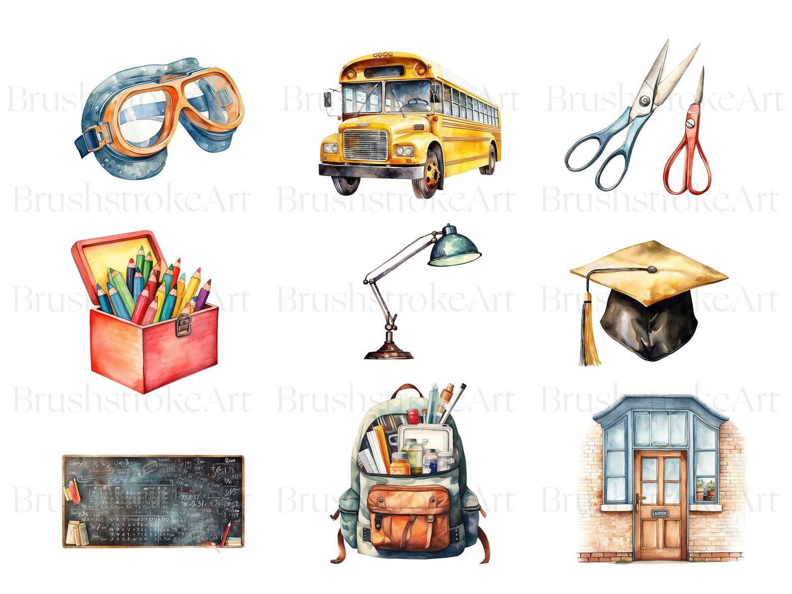 Watercolor Classroom Clipart, Back to School Graphics, Backpack, School ...