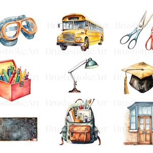 Watercolor Classroom Clipart, Back to School Graphics, Backpack, School ...