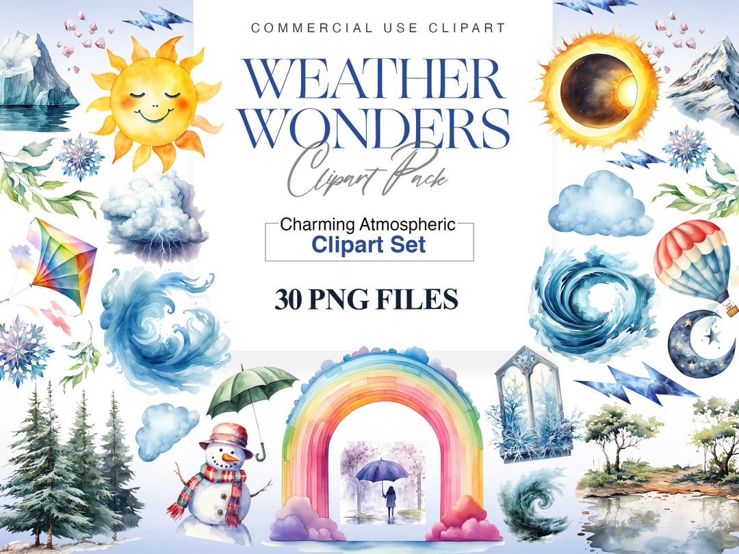 Watercolor Weather Clipart, Storm, Cloud, Thunder Lightning, Rainbow ...