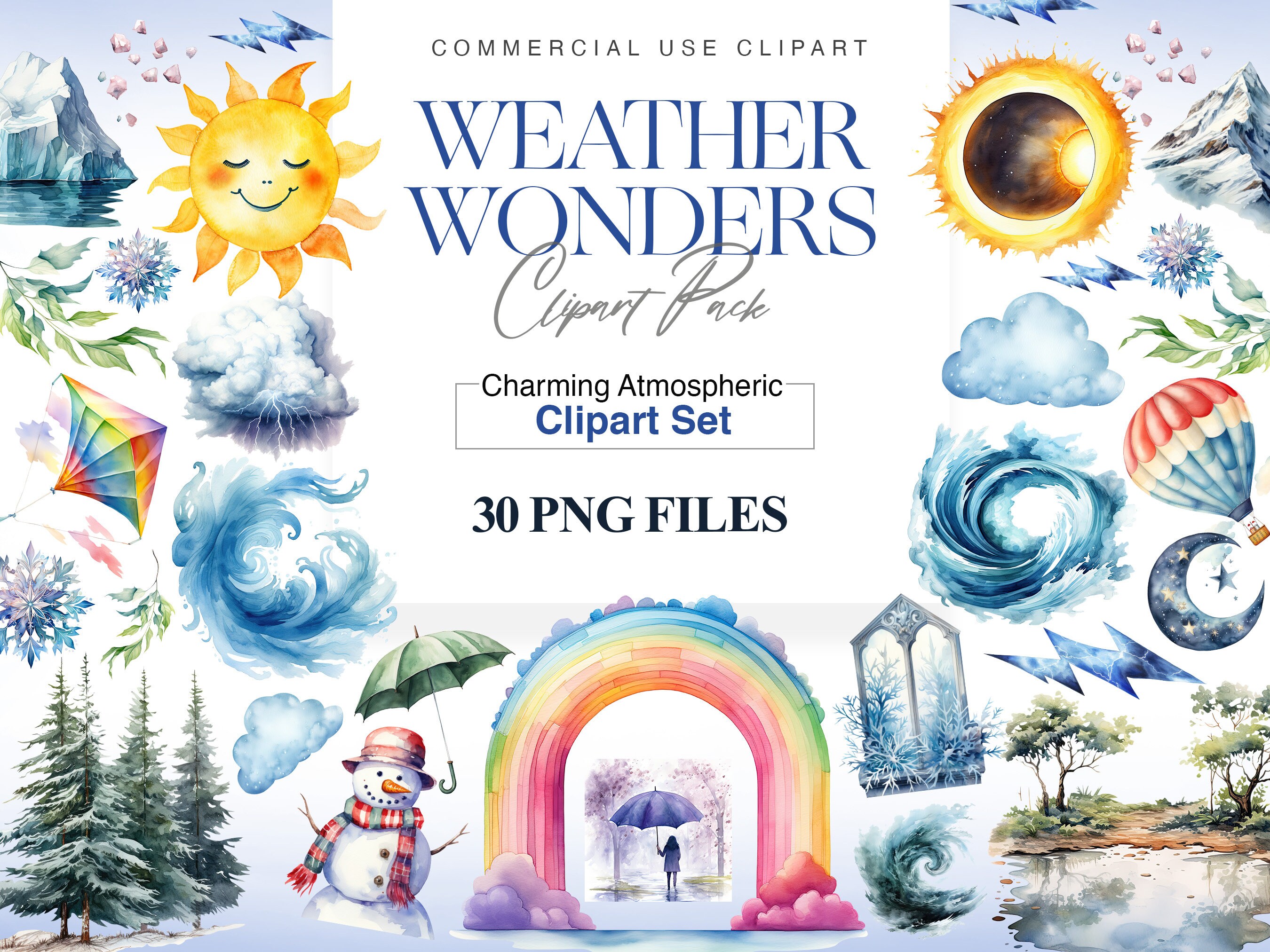 Watercolor Weather Clipart, Storm, Cloud, Thunder Lightning, Rainbow ...