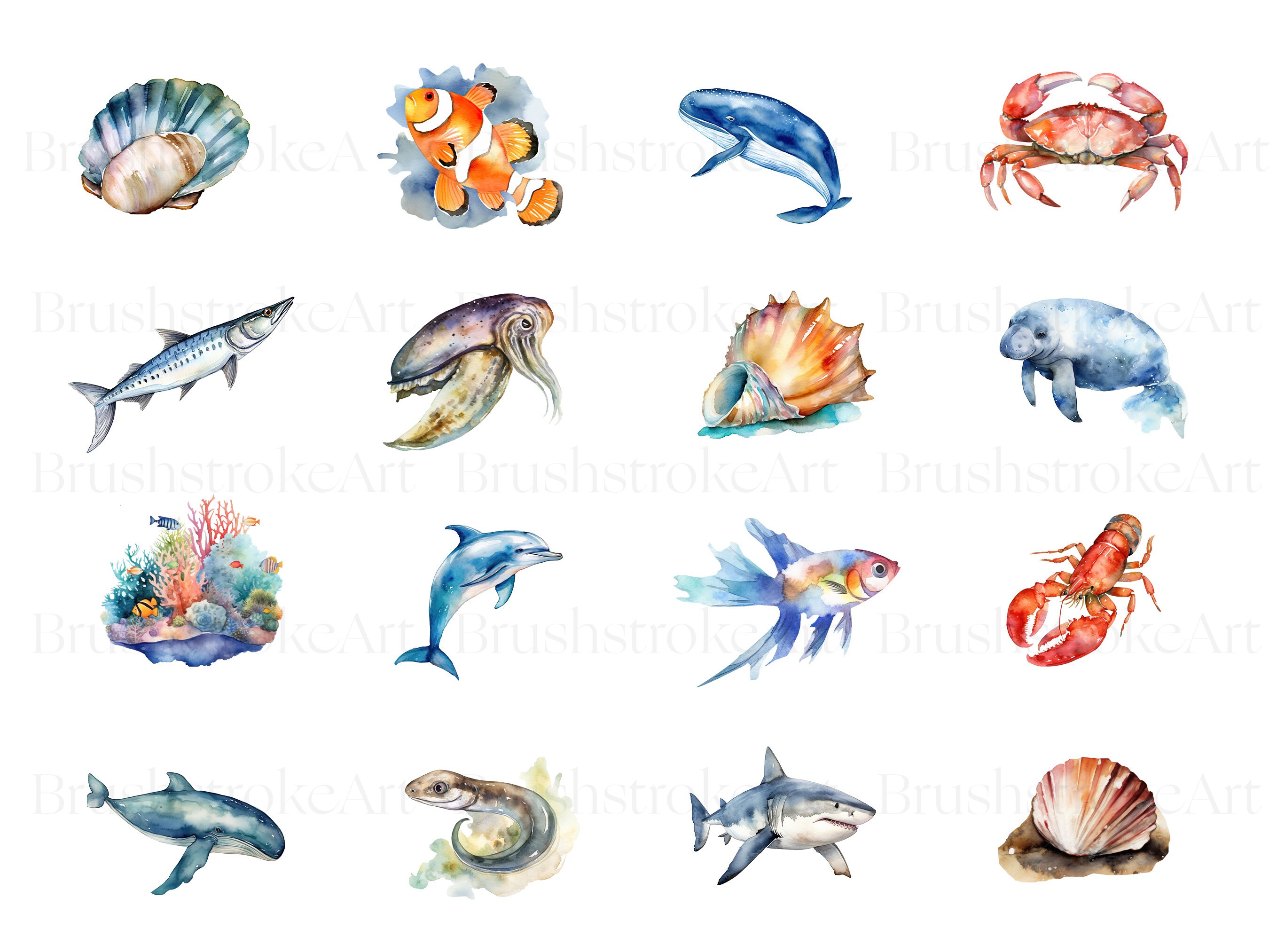 Underwater Animals Clipart Pack Cute Sea Animal, Shark, Turtle PNG ...