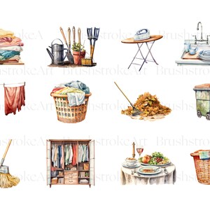 Watercolor Cleaning Clipart, House Chores, Laundry, Sponge, Bucket ...