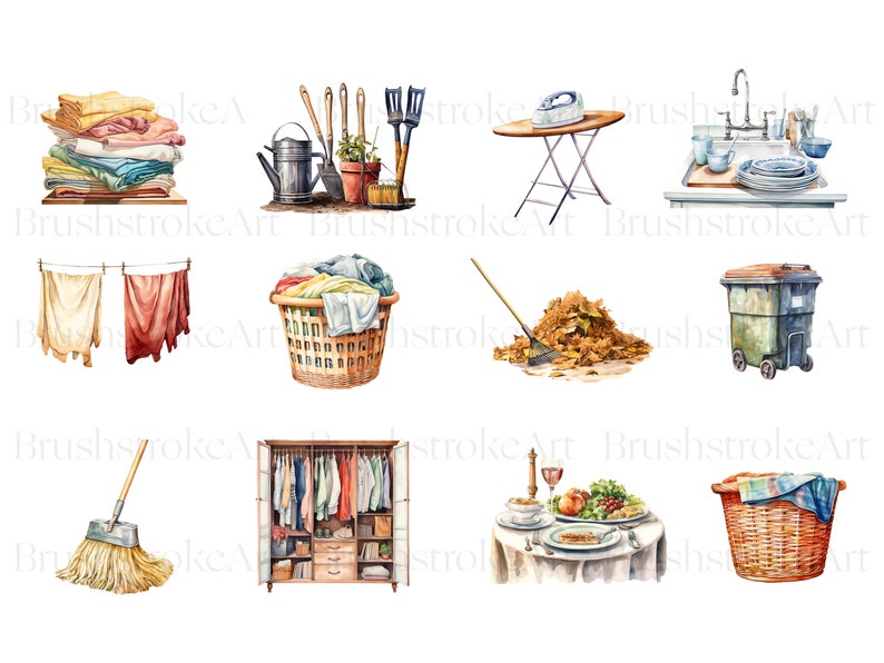 Watercolor Cleaning Clipart, House Chores, Laundry, Sponge, Bucket ...
