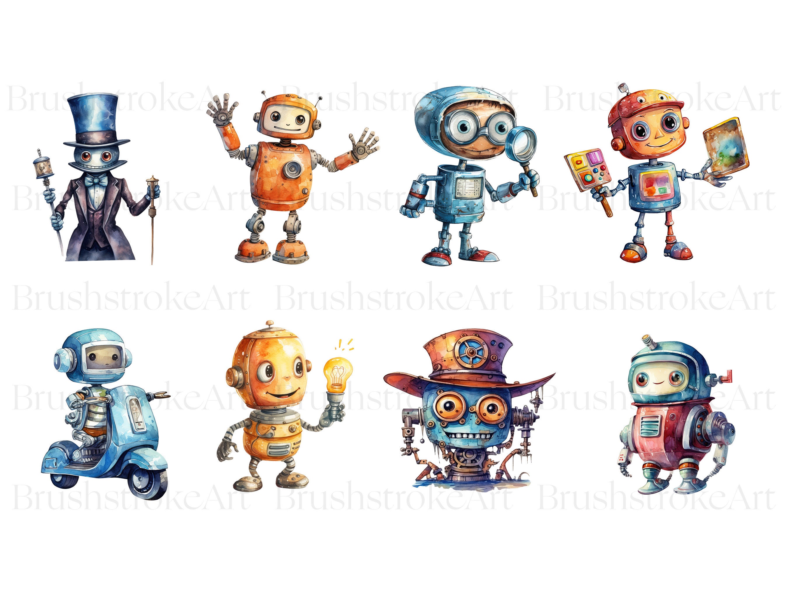 Watercolor Robot Clipart Cute Robots Vintage Robots Nursery - Etsy