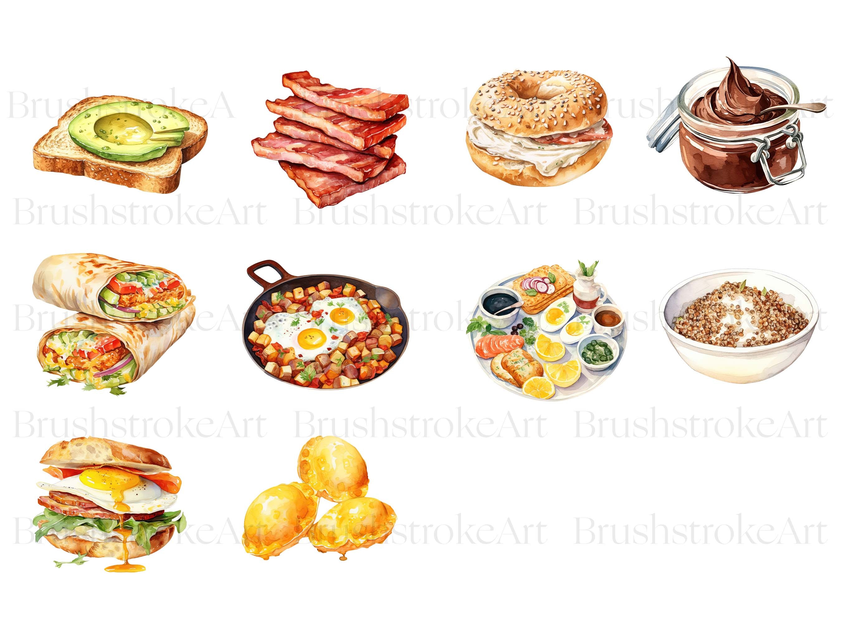 Watercolor Breakfast Clipart, Coffee and Tea, Waffle, Banana, Eggs and ...