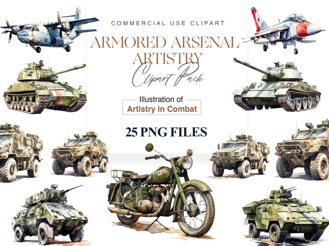 Watercolor Army Vehicle Clipart, Tank, Helicopter, Fighter Jet, Plane ...