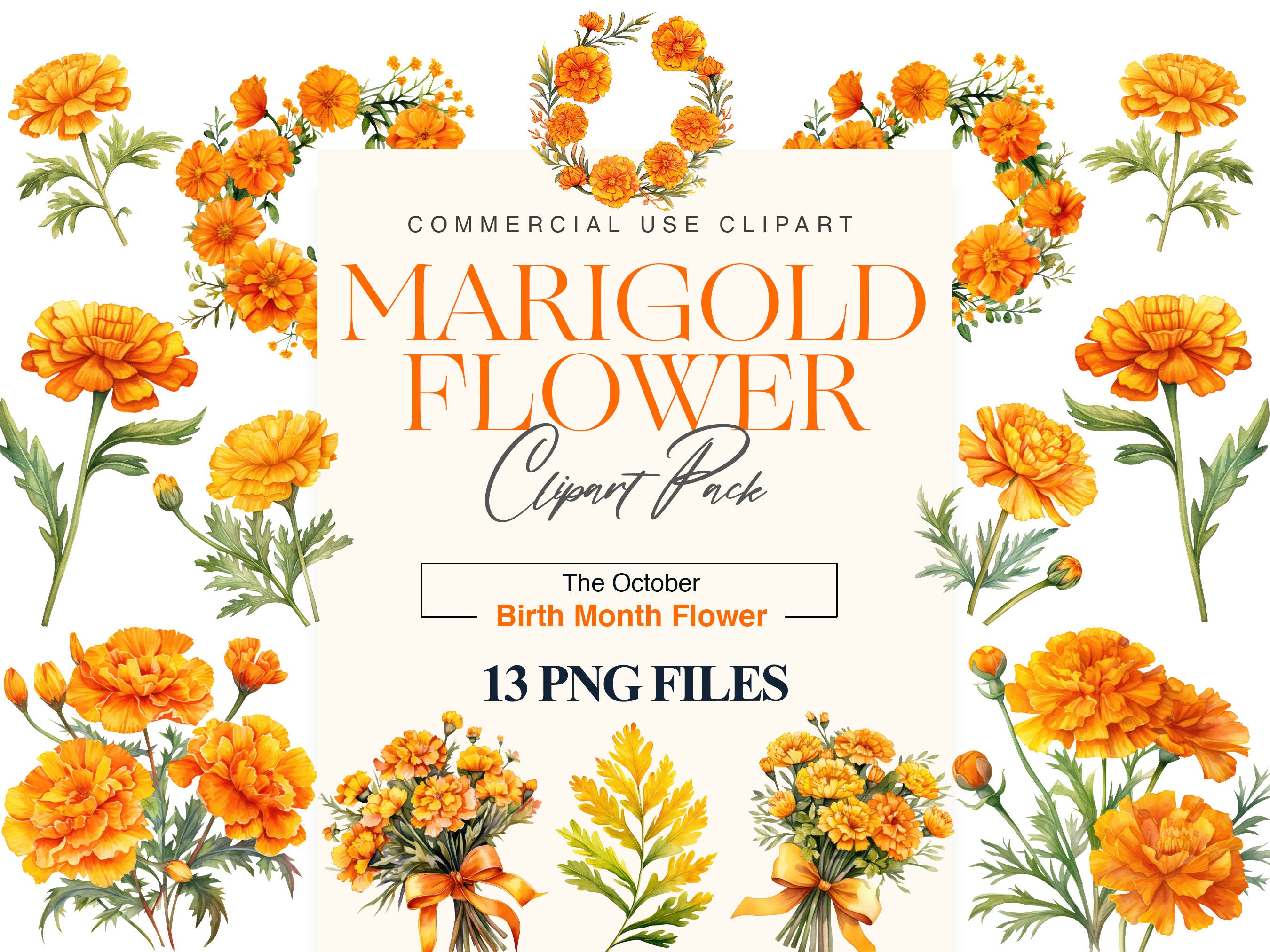 Watercolor Marigold Clipart, Birth Month Flower, Floral Wreath, Bouquet ...