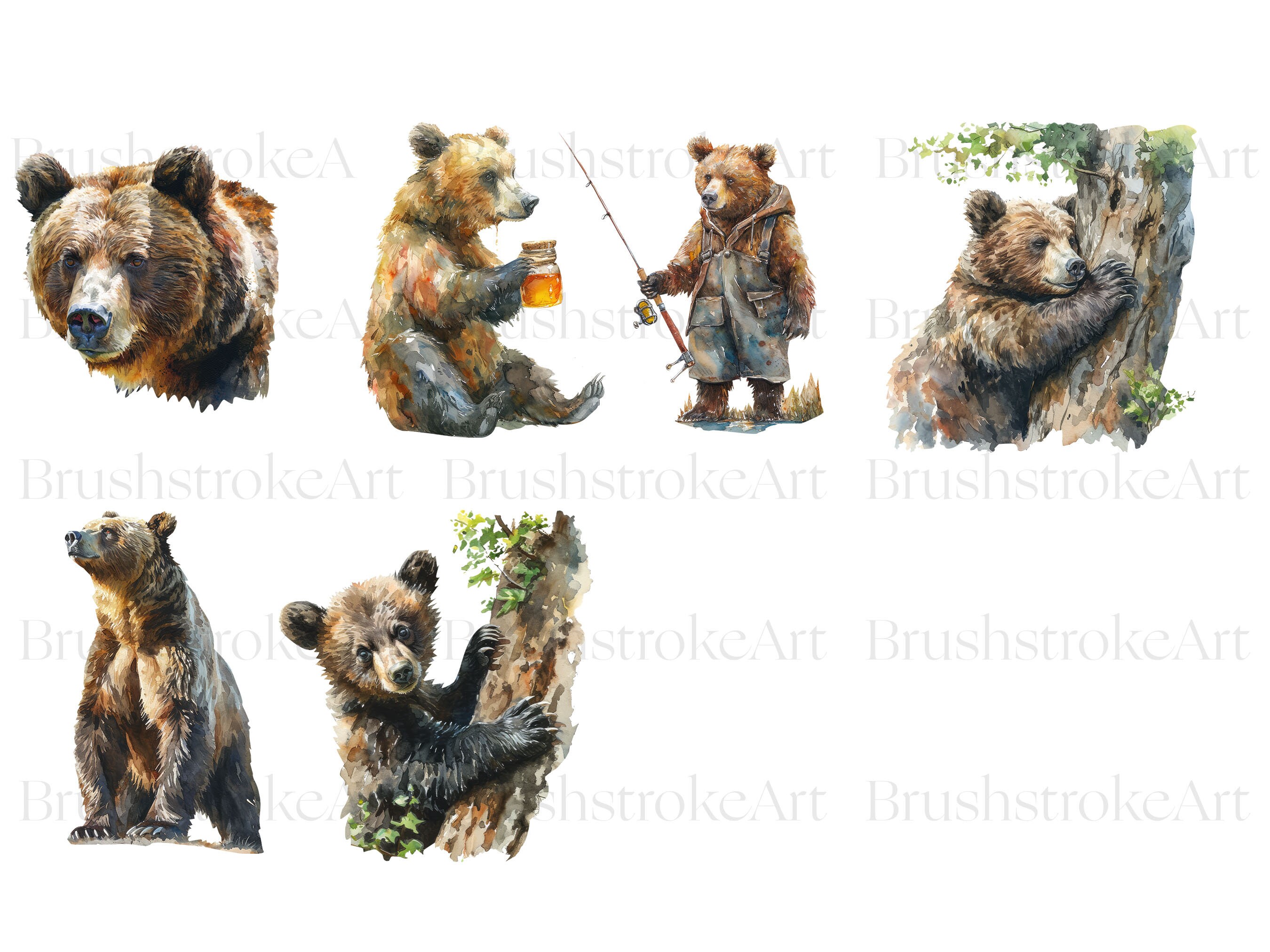 Watercolor Bear Clipart, Brown Bear, Grizzly Bear, Cute Baby Bear ...