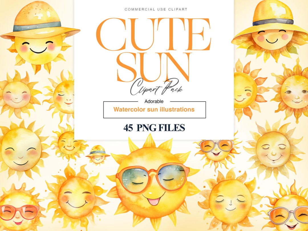 Watercolor Cute Sun Clipart, Kawaii Sun, Nursery Decor, Sun Clipart ...