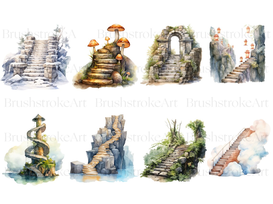Watercolor Stairs Clipart, Fantasy Stone Steps, Mossy, Garden, Floral ...