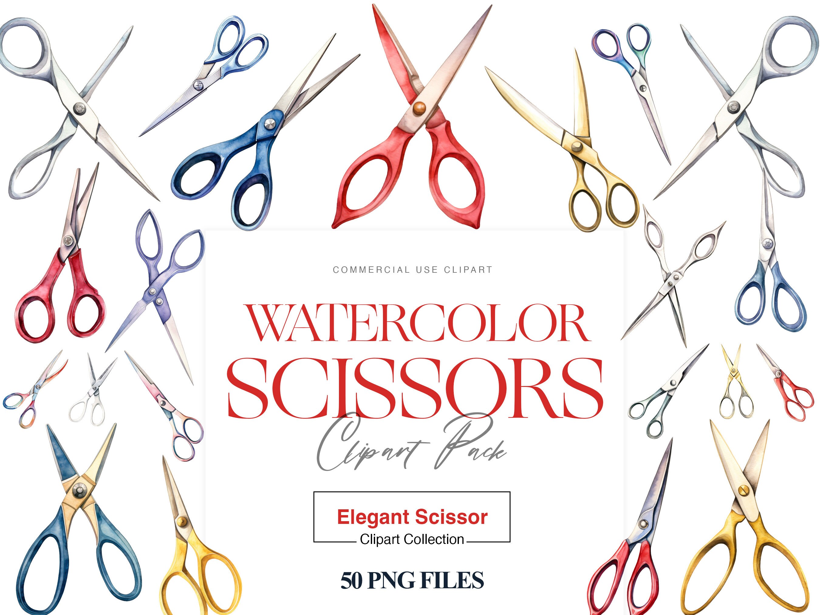 Watercolor Scissors Clipart, Vintage Scissors, Sewing Clipart, Silver Scissor, Vintage Trimmer ...