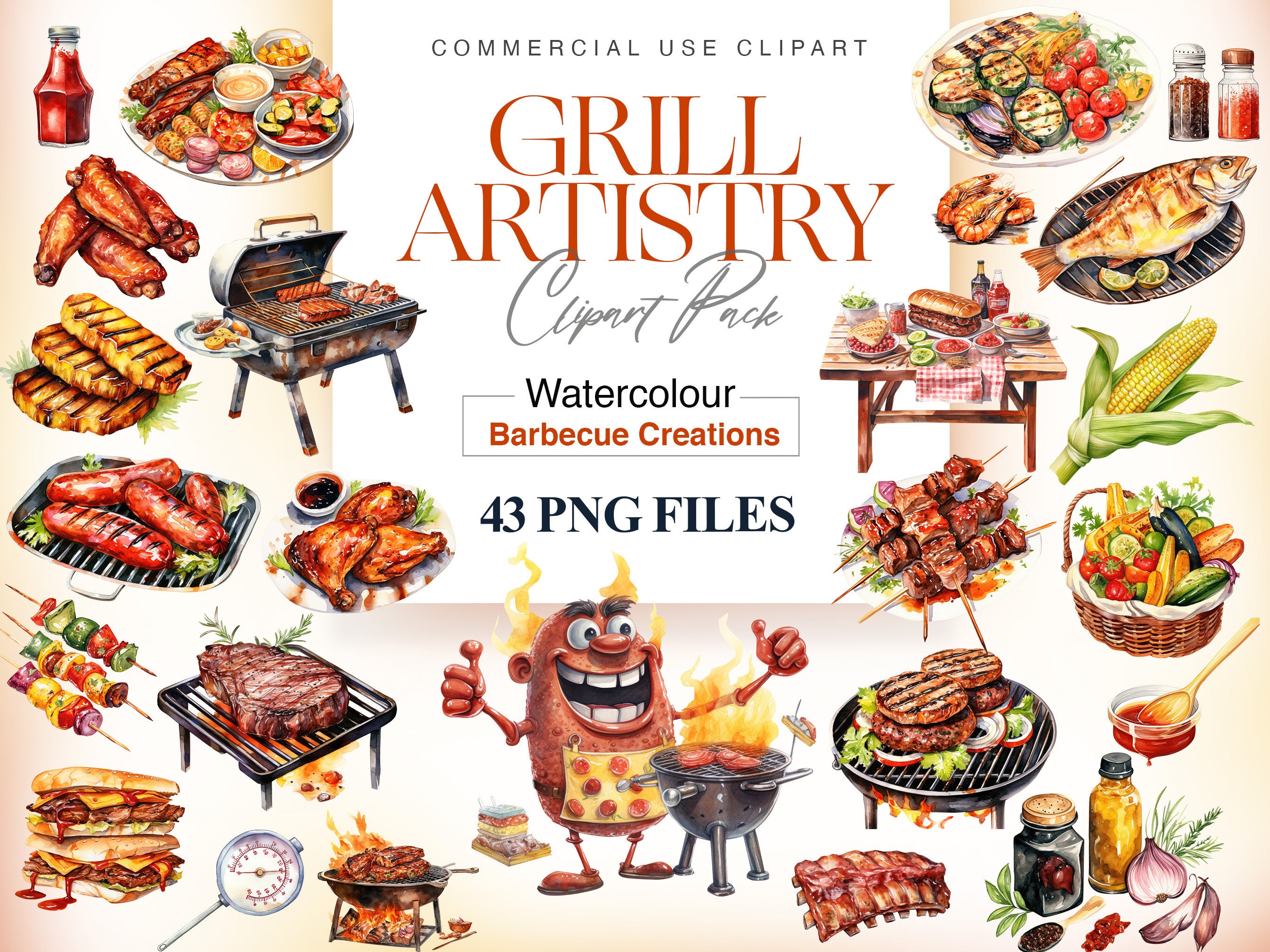Grill Clipart Pack, Watercolor Barbecue Party, Summer Picnic, Food ...